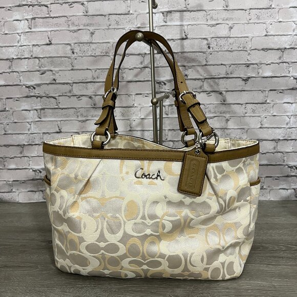 Coach | Bags | Coach Gallery East West F7676 Cream Sateen Signature Tan ...